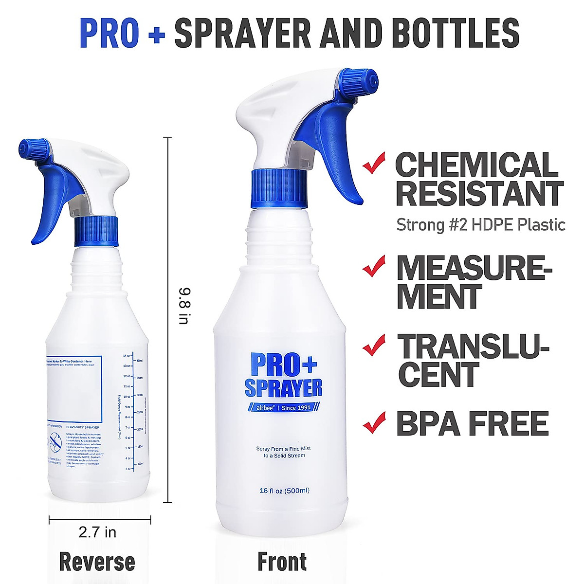 airbee Plastic Spray Bottles 2 Pack 16 Oz for Cleaning Solutions, Planting, Pet, Bleach Spray, Vinegar, Professional Empty Spraying Bottle, Mist Water Sprayer with Adjustable Nozzle and Measurements
