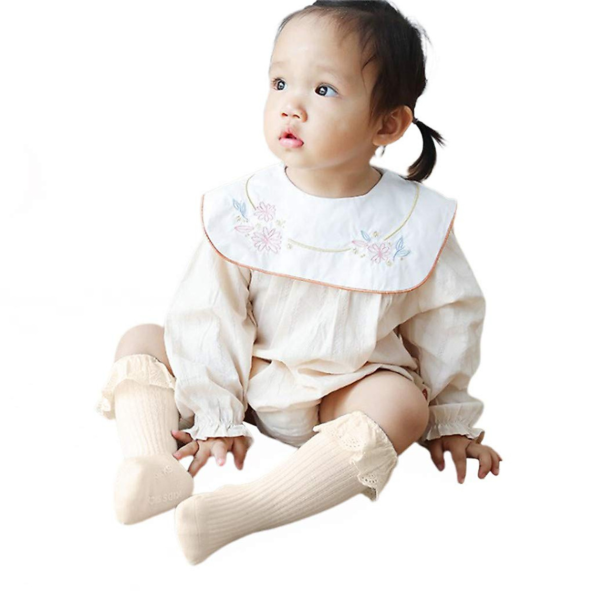 N / D Newborn Toddler Kids Baby Girls Infant High Knee Knitted Socks Cute Ruffle Lace Long Stockings Fall Winter (Beige White, 0-1 Years)
