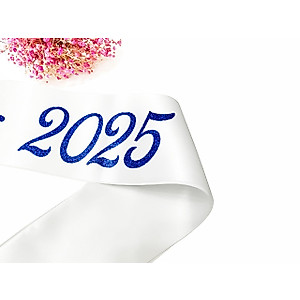 Ashaqshnglee Senior Sash 2025, 2PCS Graduation Sash White with Blue Glitter Letter Finally Graduated Cheerleader Party Celebration Decorations