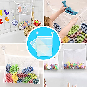 2 PCS Mesh Bathtub Toy Holder Bag, LEEFONE 18 x 14 Inch Bath Toy Organizer, 4 Ultra Strong Hooks, White