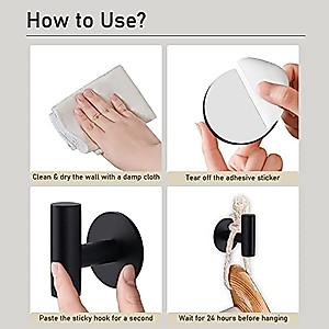 Towel Hook for Bathrooms Adhesive 2 Packs, Coat Hooks for Hanging Clothes, Heavy Duty Robe Towel Hangers for Shower Door Wall Mounted, Key Holder Wall Command Hook for Kitchen (Matte Black)