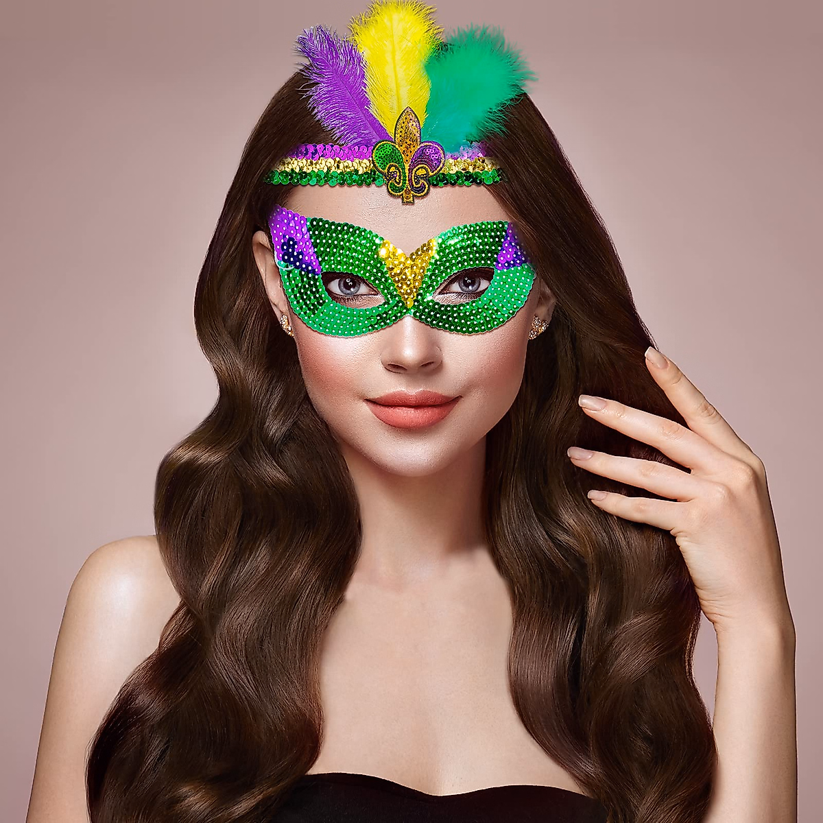 2PCS Mardi Gras Feathers Headband Purple Yellow Green Feather Headband Mardi Gras Sequin Mask Carnival Headband for New Orleans 1920s Carnival Parade Tea Party Halloween Fleur De Lis Hair Band
