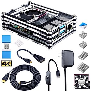 Smraza Case for Raspberry Pi 4 Model B, Pi 4B Case with Fan, 4PCS Heatsinks, 5V 3A USB-C, USB Card Reader, 6 Feet Micro HDMI Cable, 7.8 Inch Micro HDMI to HDMI Cable (4K Ultra HD)