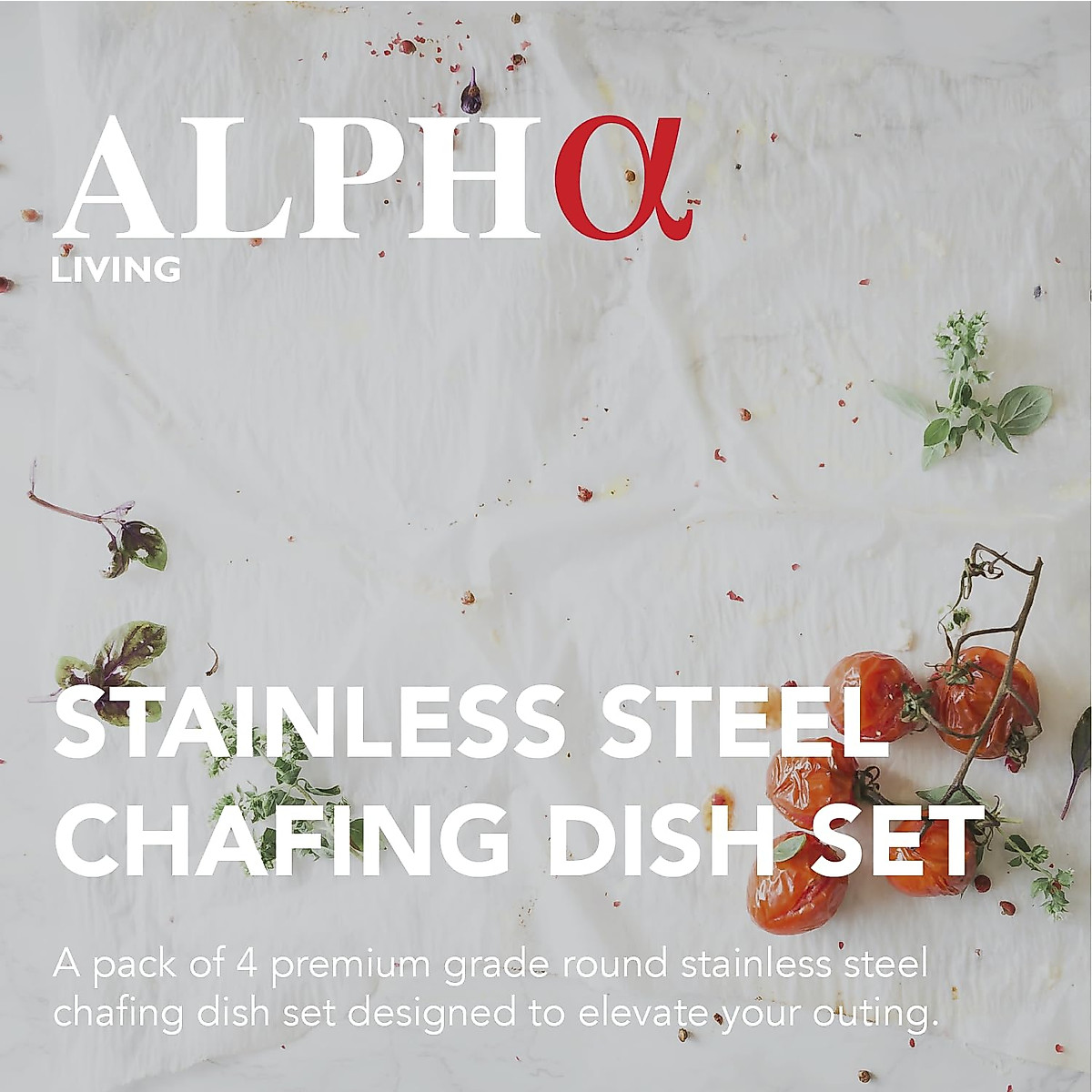 Alpha Living Chafing Dish Buffet Set of 4 – Complete Stainless Steel Chaffe Buffet Set with Glass Lids, Chafing Fuel Holder – Elegant and Practical Warmer Trays for Buffet, Wedding, Catering Supplies