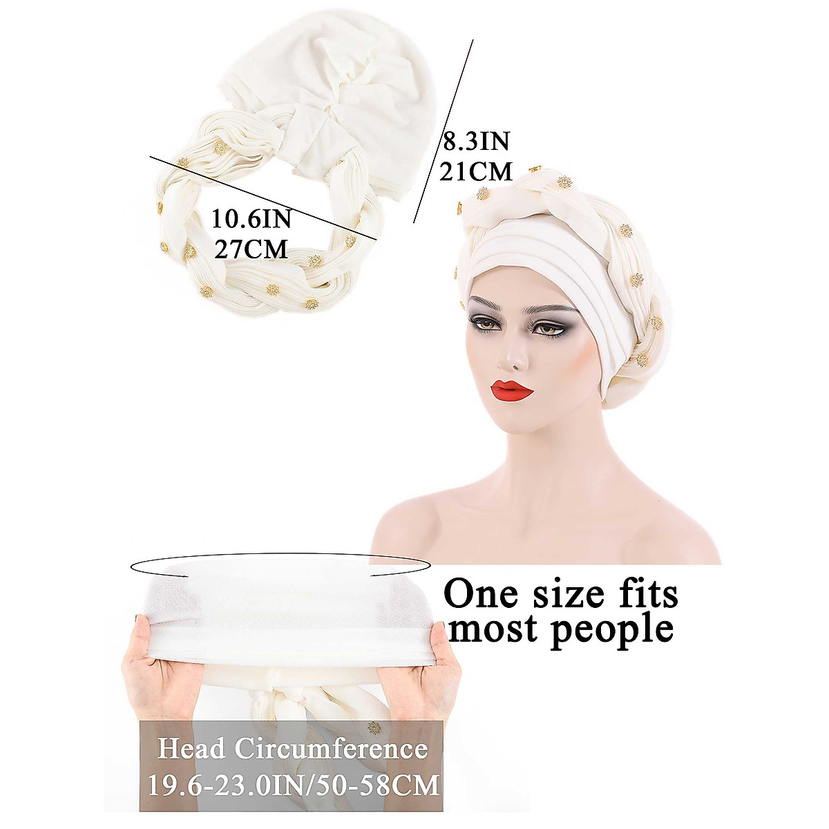 Woeoe Women African Turban Pre-Tied Twisted Beanie Cap Headwear Rhinestone Soft Stretchy Head Turbans (White)