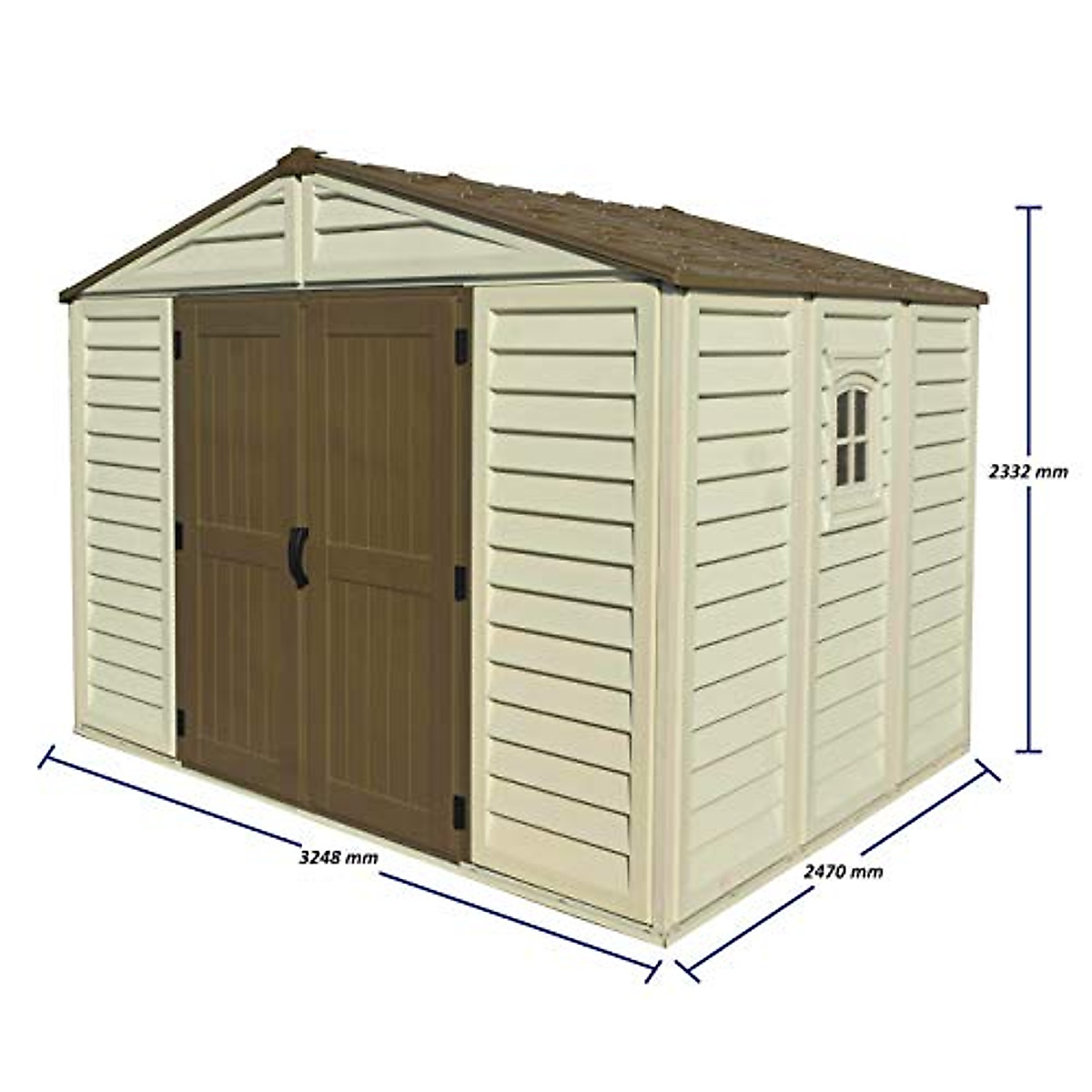 Duramax 0638801402145 Woodbridge Plus 10.5 x 8 Plastic Garden Shed with Foundation Kit & Fixed Window Brown-15 Years Warranty, 10x8, Brown & Ivory