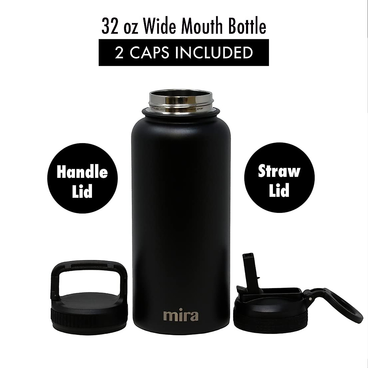 MIRA Water Bottle with Straw and Handle Lid Vacuum Insulated Stainless Steel Metal Thermos Bottle - Reusable Leak Proof Keep Cold Sports Flask - 32 oz, 2 Lids, Black