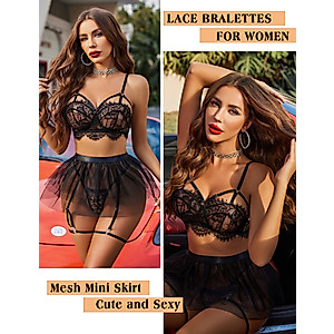 Avidlove Plus Size Lingerie for Women Lace maid outfit Sexy babydoll V Neck Bralette Skirt Set (Black, X-Large)