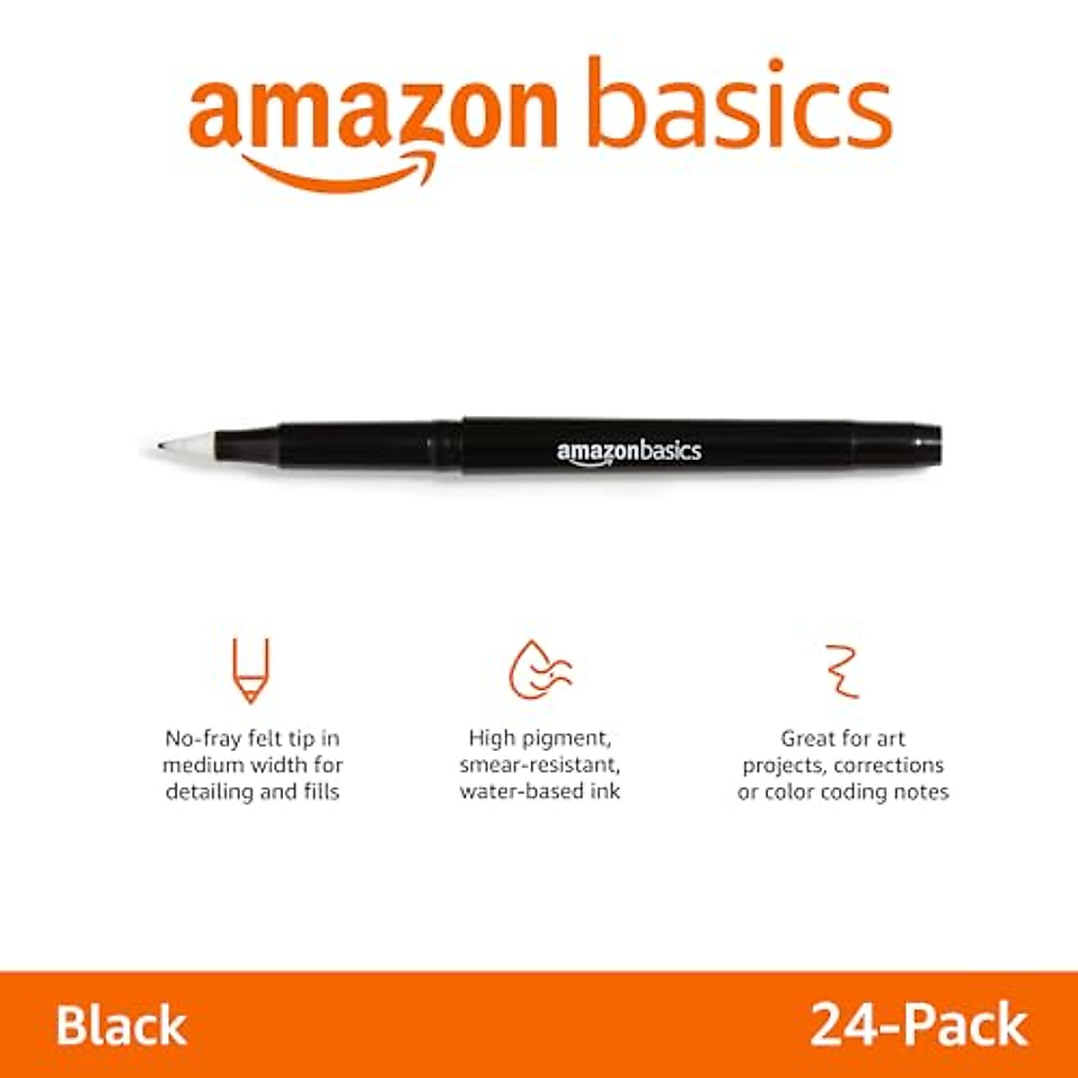 Amazon Basics Felt Tip Marker Pens - Medium Point, Black, 24-Pack