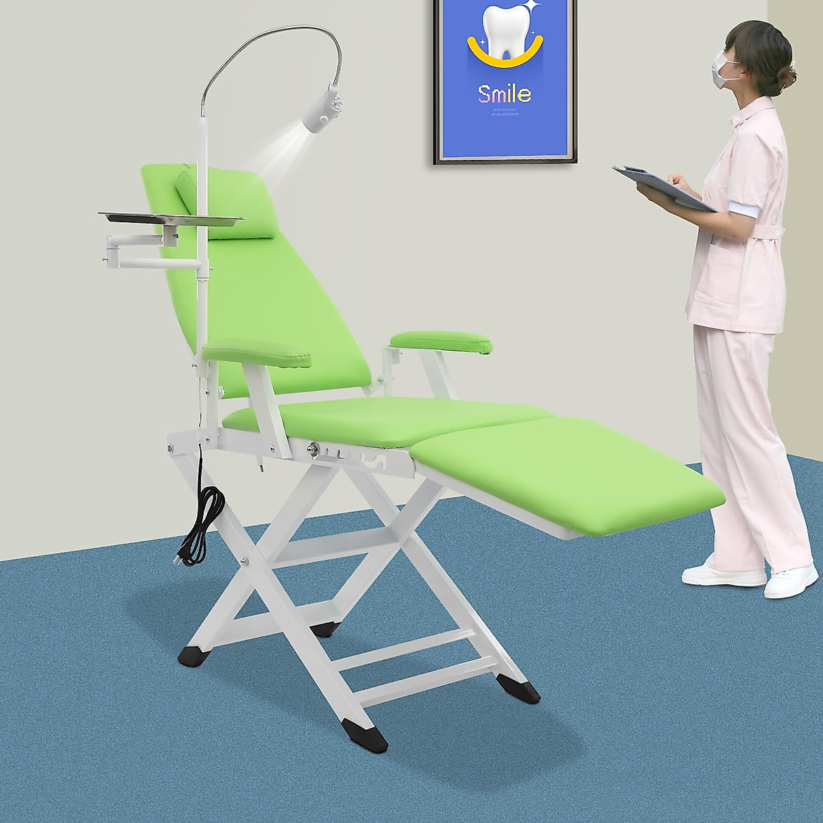 KUMOYOU Portable & Foldable Mobile Den tal Patient Chair, Folding Freestanding Den tal Bed with 360° Rotating LED Light and Tray, Ideal for Clinics and Hospitals