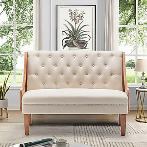 Yongqiang Modern Settee with Back Small Loveseat Sofa Rattan Upholstered Dining Banquette Seating for Kitchen Dining Room Living Room Linen Button Tufted Mini Couch