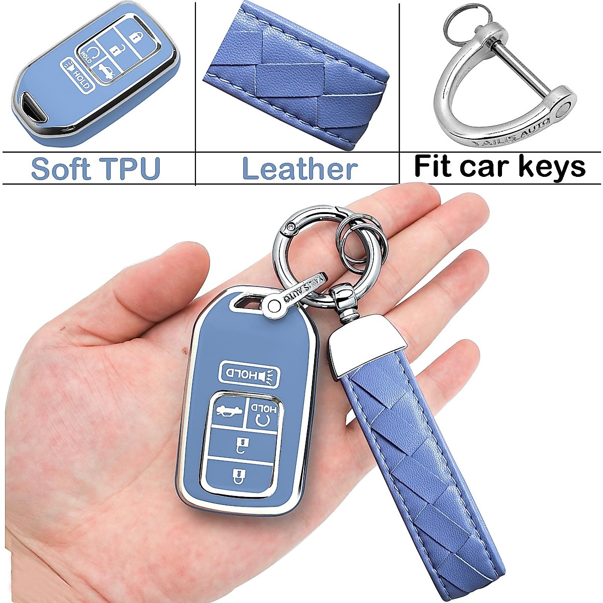 Yonmcfn for Honda Key fob Cover with Leather Keychain,Soft TPU 5 Buttons Key Shell,fit 2018 2019 2020 2021 Civic Accord Pilot CR-V Insight EX EX-L Touring Remote car Key(Blue)