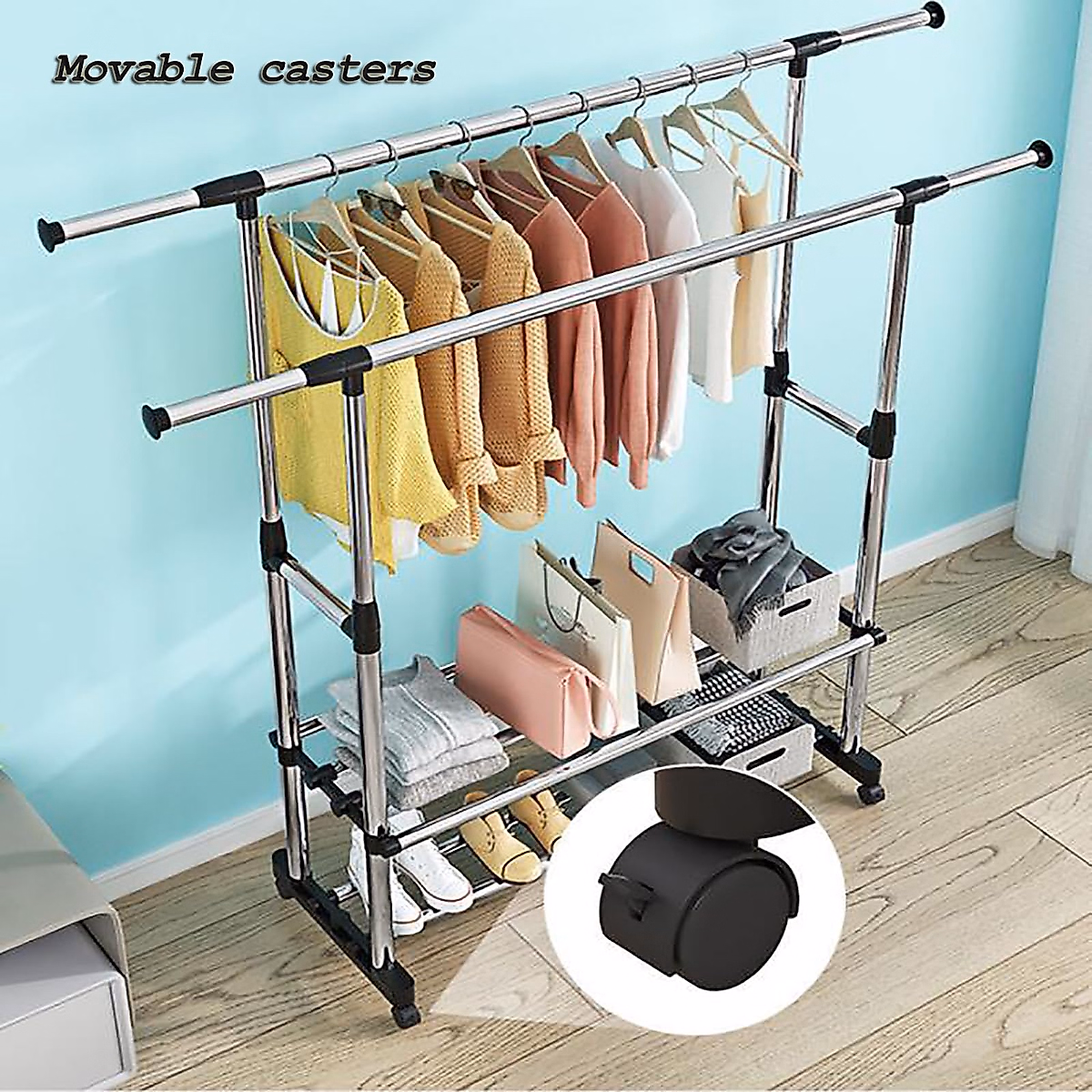 RUYICZB 3 Layer Floor Clothes Drying Rack Metal Drying Double Pole Clothes Rack, Large Expandable Stainless Steel Laundry Clothes Drying Rack with Wheel Easy Assembly Indoor Outdoor Use