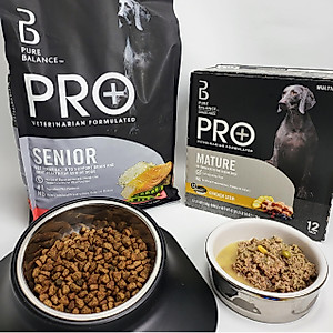 KERQUS Mature Kit, Pure Balance Pro+ Mature Salmon & Brown Rice Recipe Dry Dog Food for Senior Dog, 8 lbs,Mature Wet Dog Food Variety Pack, 3.5 oz Bowls (12 Pack),Nandog Plush Toy
