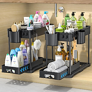 HINZER Under Sink Organizers and Storage, Slide Out Kitchen Cabinet Organizer 2 Tier Bathroom Counter Organizer with Hooks, Hanging Cups, Dividers, Multipurpose Cleaning Supplies Organizer for Home