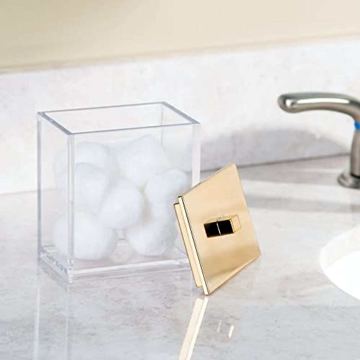 mDesign Plastic Rectangle Apothecary Canister - Organizer for Bathroom Vanity Countertop Shelf Decor - Holds Cotton Swabs, Soap, Makeup, Bath Salts - Lumiere Collection - 2 Pack - Clear/Gold