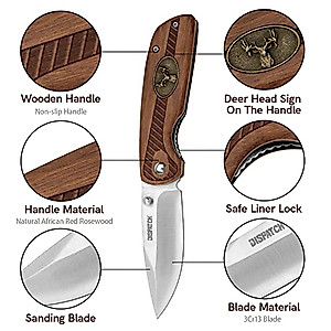 Dispatch Folding Pocket Knife, Pocket Clip and Liner Lock, with Wooden Handle and 3Cr13 Sanding Blade for Outdoor, Tactical, Survival, and EDC
