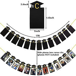 2022 Graduation Photo Banner, Congrats Grad Props Decorations for Party Supplies - 13 Pcs Golden Black Hanging Banners for Elementary, Middle, High School and College Graduation Party
