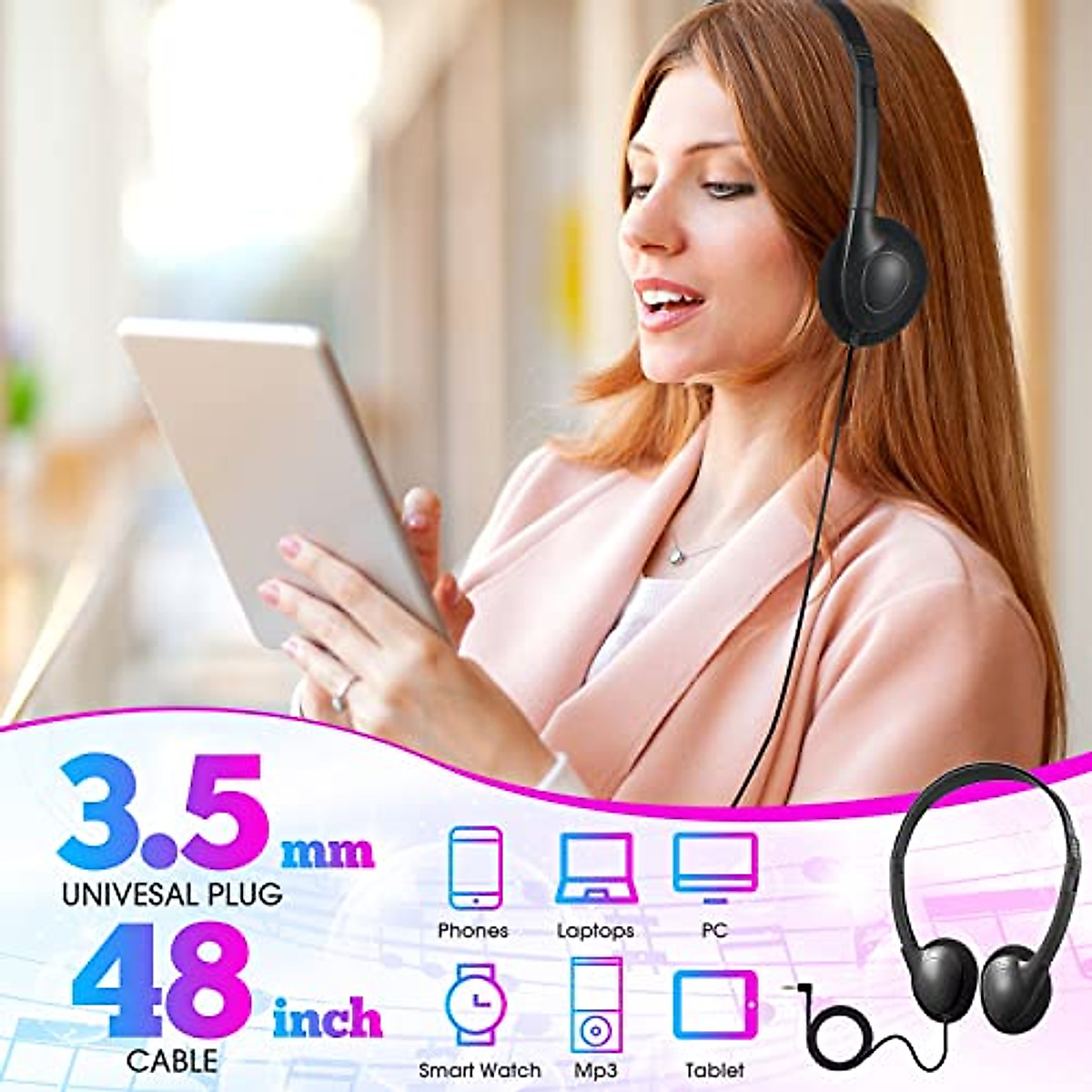 60 Pieces Headphones Bulk for Classroom Over The Head Headphones Wired Adjustable On Ear Student Headsets with 3.5 mm Headphone Plug for School Classroom Kids Children Teen and Adults (Black)