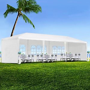 GLANZEND 10'x30' Outdoor Canopy Tent, Outdoor Party Tent Wedding Birthday Tents with 5 Removable Sidewalls, Gazebo w/Transparent Windows Outside Gazebo Event Tent for Garden Patio and Backyard, White
