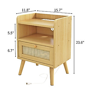 Fixwal Nightstands Set of 2 with Charging Staion, Night Stand with Rattan Decor Drawer, Open Storage Side Table Bedside Table with Solid Wood Feet for Bedroom, Natural