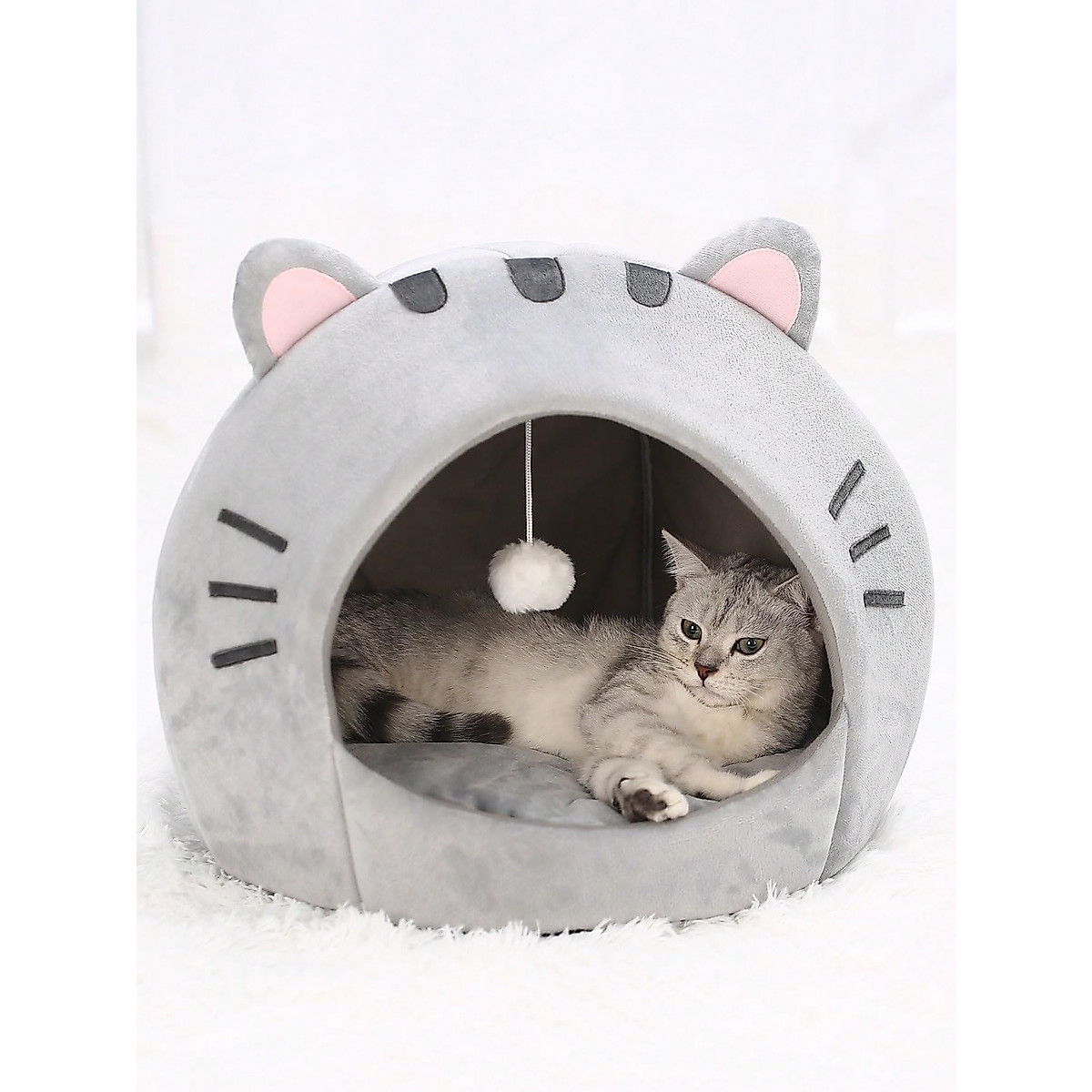 QWINEE Indoor Cat Bed Cave with Removable Cushion - Pet Plush Tent House Cartoon Ear Design Pet Bed with Pompom for Cats Kitten Dogs Puppy and Rabbit Multicolor L