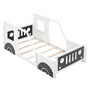 Floor Bed Twin Size Car-Shaped Platform Bed with Wheels, Montessori Bed Frame with Fence and Door, Solid Wood Twin Bed Frame, Slats Included, No Box Spring Needed (Twin Size, White)