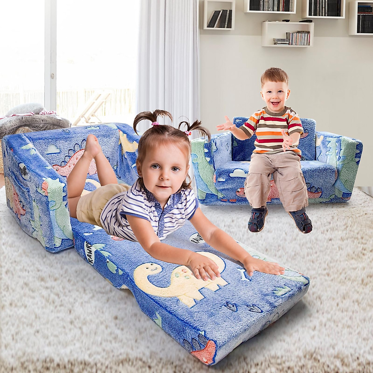 Maigandamai Toddler Sofa 2 in 1 Kids Sofa with Blanket Toddler Chair Couch with Removable Cover Fold Out and Large Size Convertible Sofa to Bed, for Girl and Boy Age 1-3