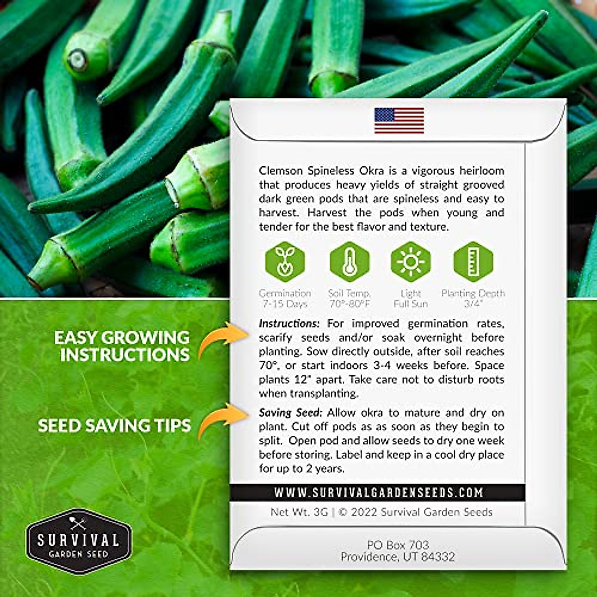 Survival Garden Seeds - Clemson Spineless Okra Seed for Planting - Packet with Instructions to Plant and Grow Tender and Large Okra in Your Home Vegetable Garden - Non-GMO Heirloom Variety