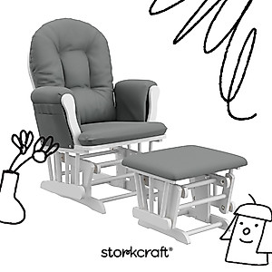Storkcraft Premium Hoop Glider and Ottoman (White Base, Gray Cushion) – Padded Cushions with Storage Pocket, Smooth Rocking Motion, Easy to Assemble, Solid Hardwood Base