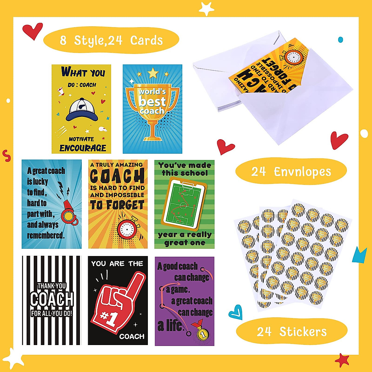 24 Sets Thank You Card for Coach Gifts Greeting Card with Envelopes and Stickers for Coach Teacher Appreciation Gift for Men Basketball Baseball Soccer Football Birthday Athlete