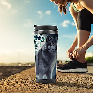 13 Oz Travel Mug Wolf Under Moon Stainless Steel Double Wall Vacuum Leak Proof Insulated Tumbler with Lid Hot And Cold Beverage Holder for Travel Picnic Outdoor