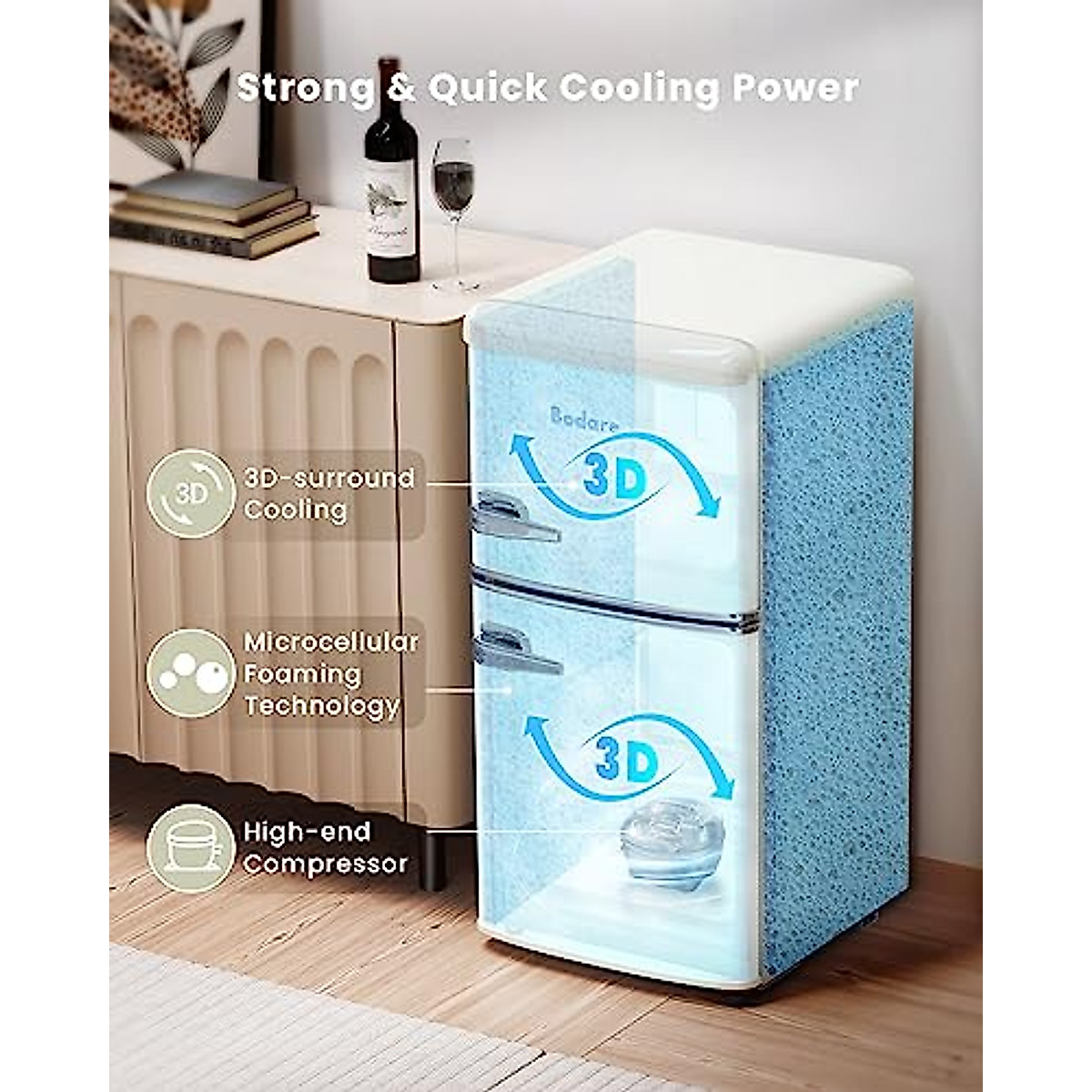 Bodare Retro Mini Fridge with Freezer: 3.2 Cu.Ft Mini Refrigerator with 2 Doors - Small Refrigerator Energy-Saving Compact Refrigerator - Small Fridge for Bedroom Dorm Office Apartment (White)