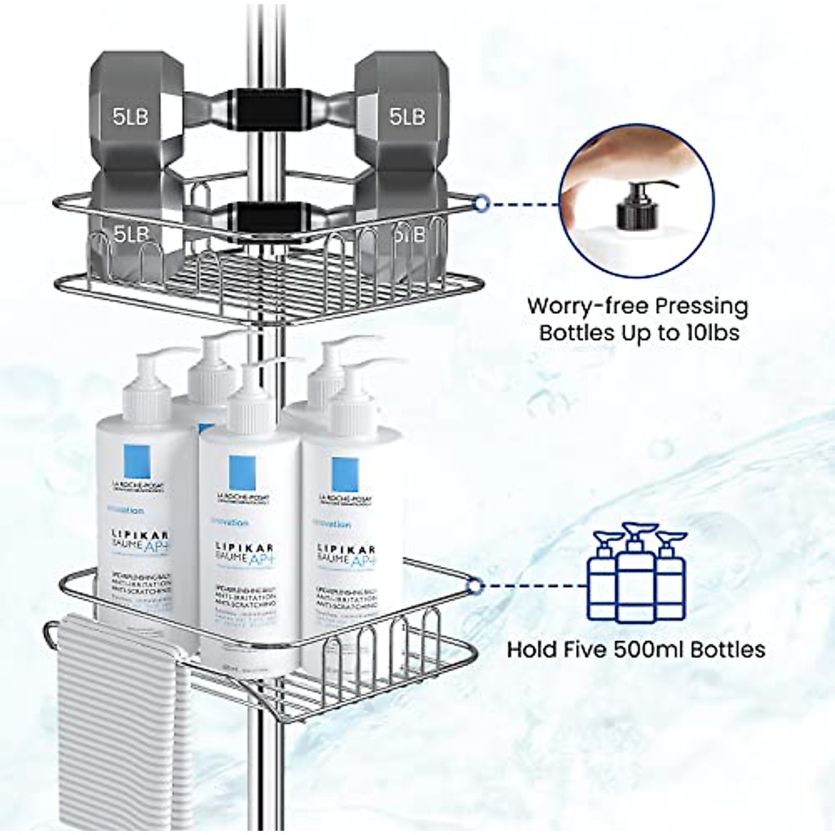 SEIRIONE Rustproof Shower Corner Caddy Organizer for Bathroom, Freestanding Tension Pole with 4 Baskets, for Bathtub Shampoo Storage, 56 to 114 Inch Height