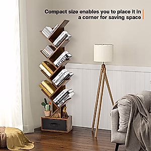 Tangkula 10 Tier Tree Bookshelf with Drawer, Floor Standing Storage Rack for CDs, Movies & Books, Display Utility Organizer Shelves for Bedroom, Living Room & Home Office (Rustic Brown)