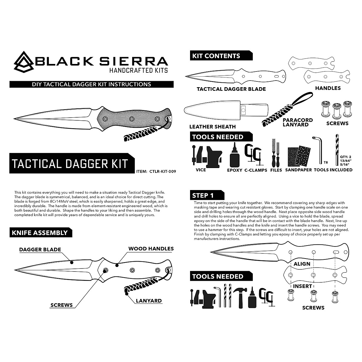 Black Sierra Tactical Dual Edge Knife Building Kit, DIY Fixed Stainless Steel Blade Comes with Leather Sheath, Hobbyist Knife Kit for Survival, Camping, Hunting, Fishing, Gifts