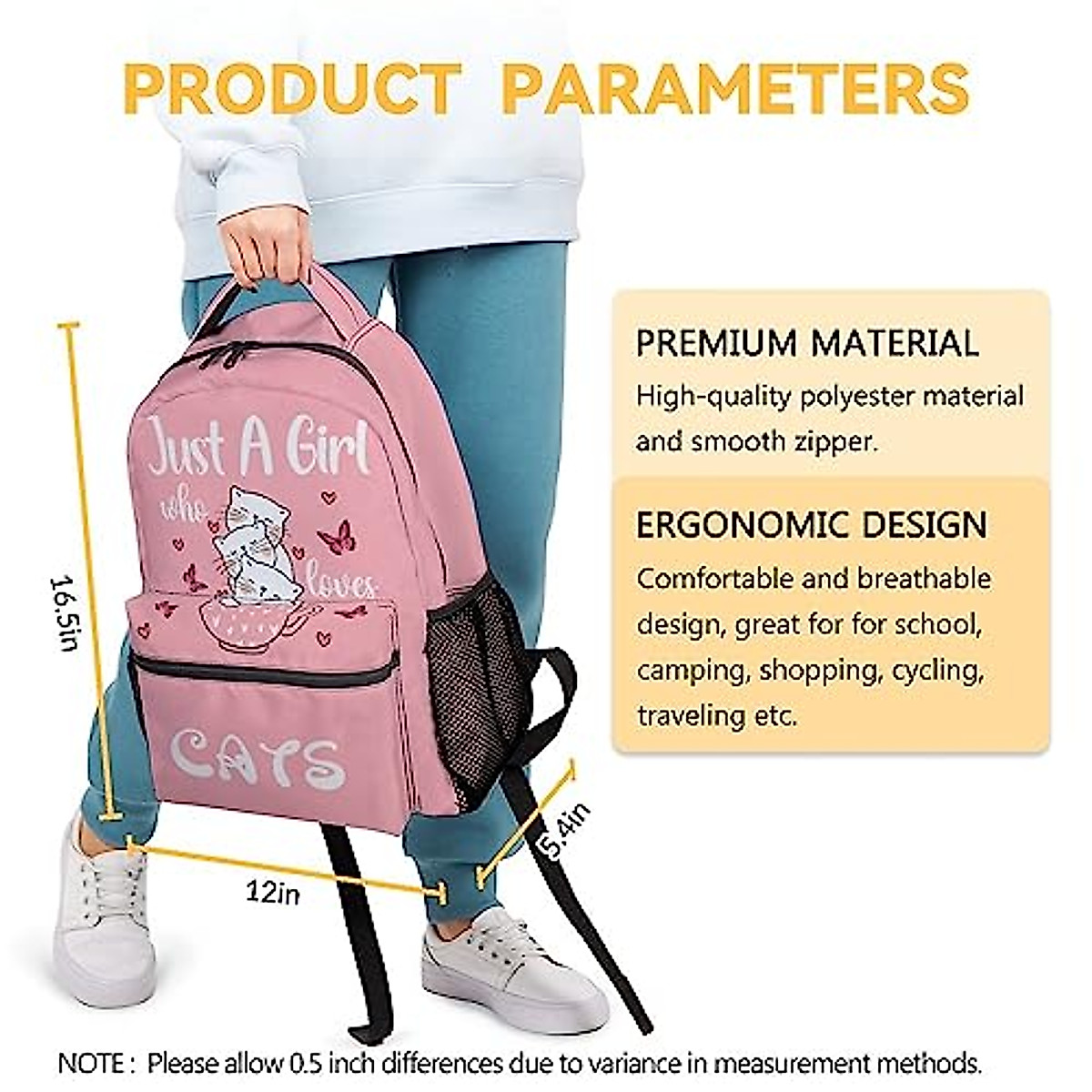 KNOWPHST Cat Girls Backpack for School, 16 Inch Pink Backpacks for Kids, Cute Lightweight Bookbag for Travel