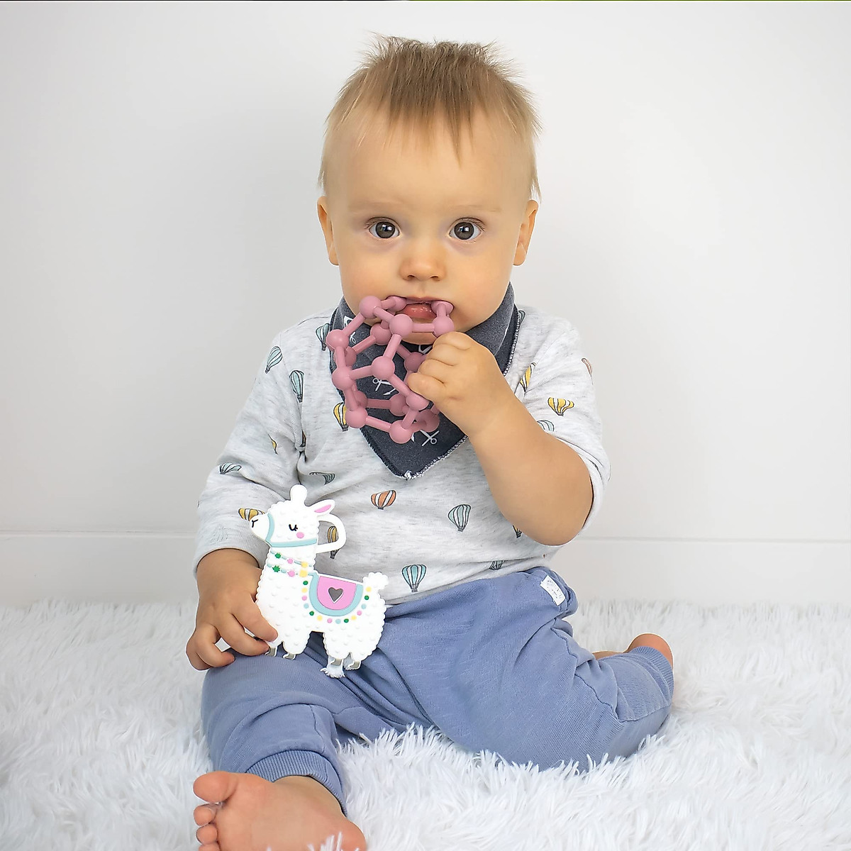 Bambiya Baby Teethers - Food-Grade Silicone Baby Toy for Teething - Infant Toys for Babies Aged 0-12 Months - Llama Baby Stuff with Pacifier, Llama Teething Toy, Geometric Teether Ball Set - 3-Pack