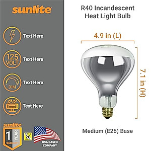 Sunlite R40 Incandescent Heat Lamp Bulb, 375 Watts, 125 Volts, Medium E26 Base, 2600K Soft White, Dimmable, Clear, 100 CRI, 3000 Rated Hours, Title-20 Compliant, 1 Pack