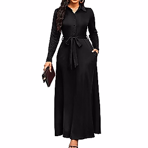 Women Maxi Button Down Long Sleeve Print Dress Casual with Pockets and Belt Maternity Dress