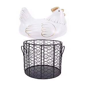 DOITOOL Iron Eggs Basket Egg Storage Basket Metal Wire Hen Egg Holder with White Ceramic Chicken Lid Hen Shaped Egg Dispenser Kitchen Supplies for Organizer Store Egg