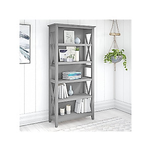 Bush Furniture Key West Bookcase Shelf in Cape Cod Gray | Farmhouse Bookshelf Display Cabinet for Library, Bedroom, Living Room, and Office