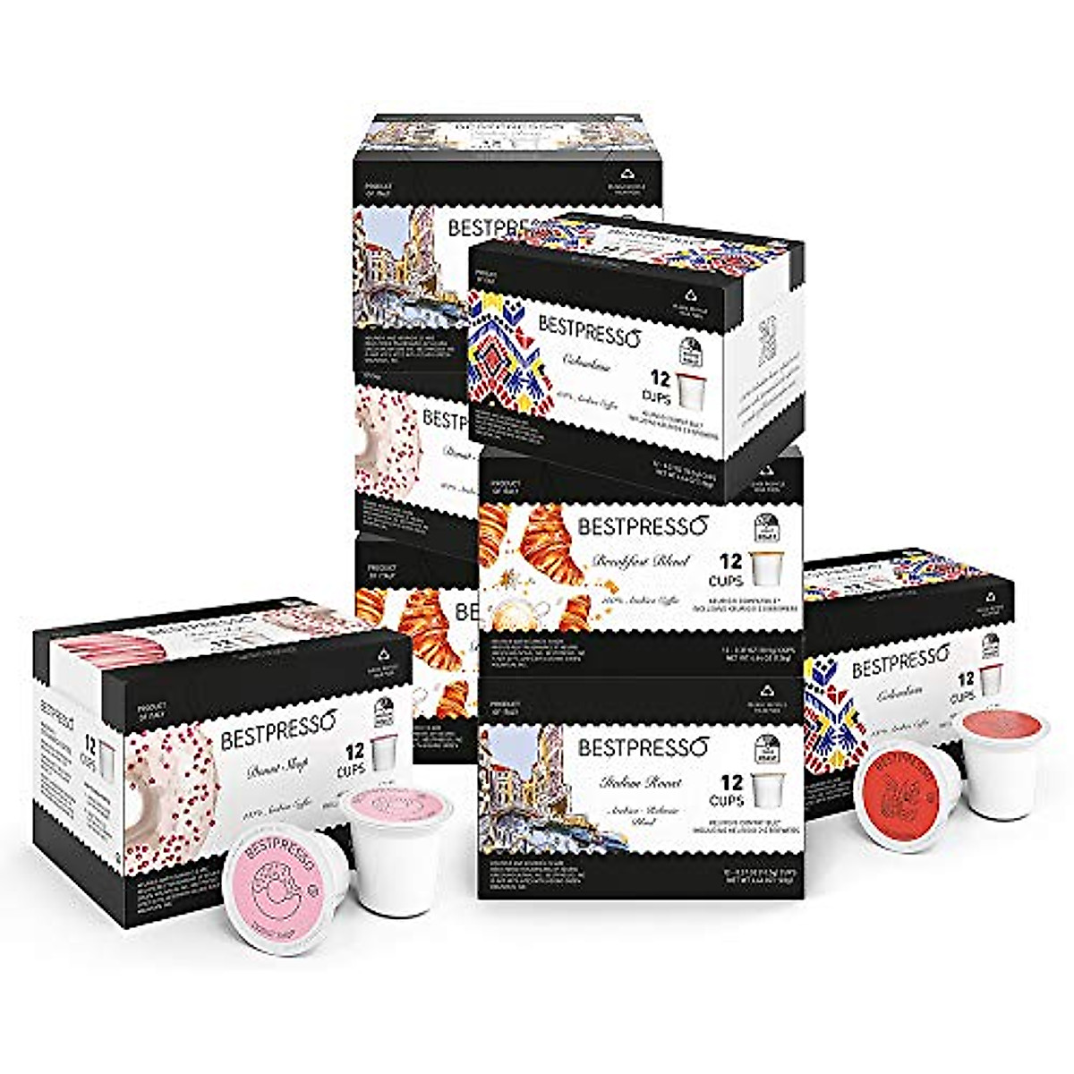 Bestpresso Coffee, Variety Pack Single Serve K-Cup Pods, 96 Count. Includes Breakfast, Colombian, Donut and Italian (Compatible With 2.0 Keurig Brewers) 8 Packs Of 12 Cups