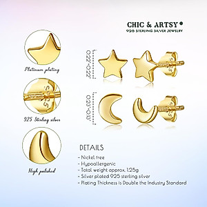 Moon Star Stud Earrings 18k Gold Plated Sterling Silver Crescent Moon Earrings for Women Dainty Night Sky Earrings