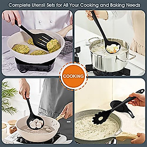 Kitchen Utensils Set, E-far 15-Piece Silicone Cooking Utensils with Holder, Non-stick Cookware Friendly & Heat Resistant, Includes Ladle Spatula Spoon Slotted Turner for Cooking & Baking (Black)