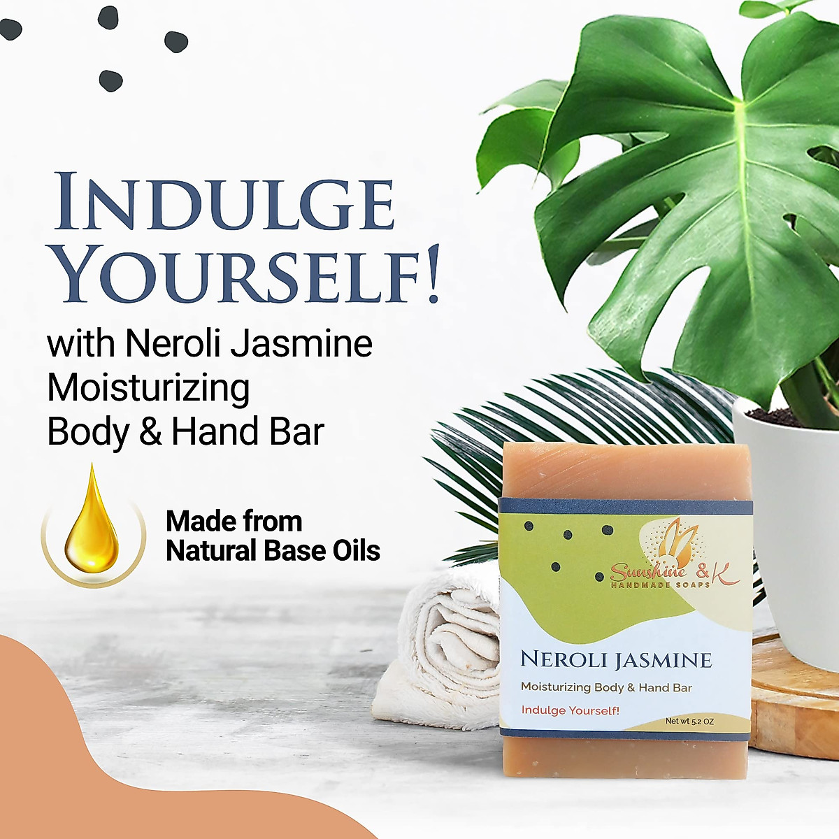 Neroli Jasmine - Body & Hand Soap Bar, Handmade Bath Soap, Moisturizing Bar Soap With Beeswax, Rice Bran Oil, & Natural Base Oils, Soap Bars, 5 oz - Sunshine & K Handmade Soaps