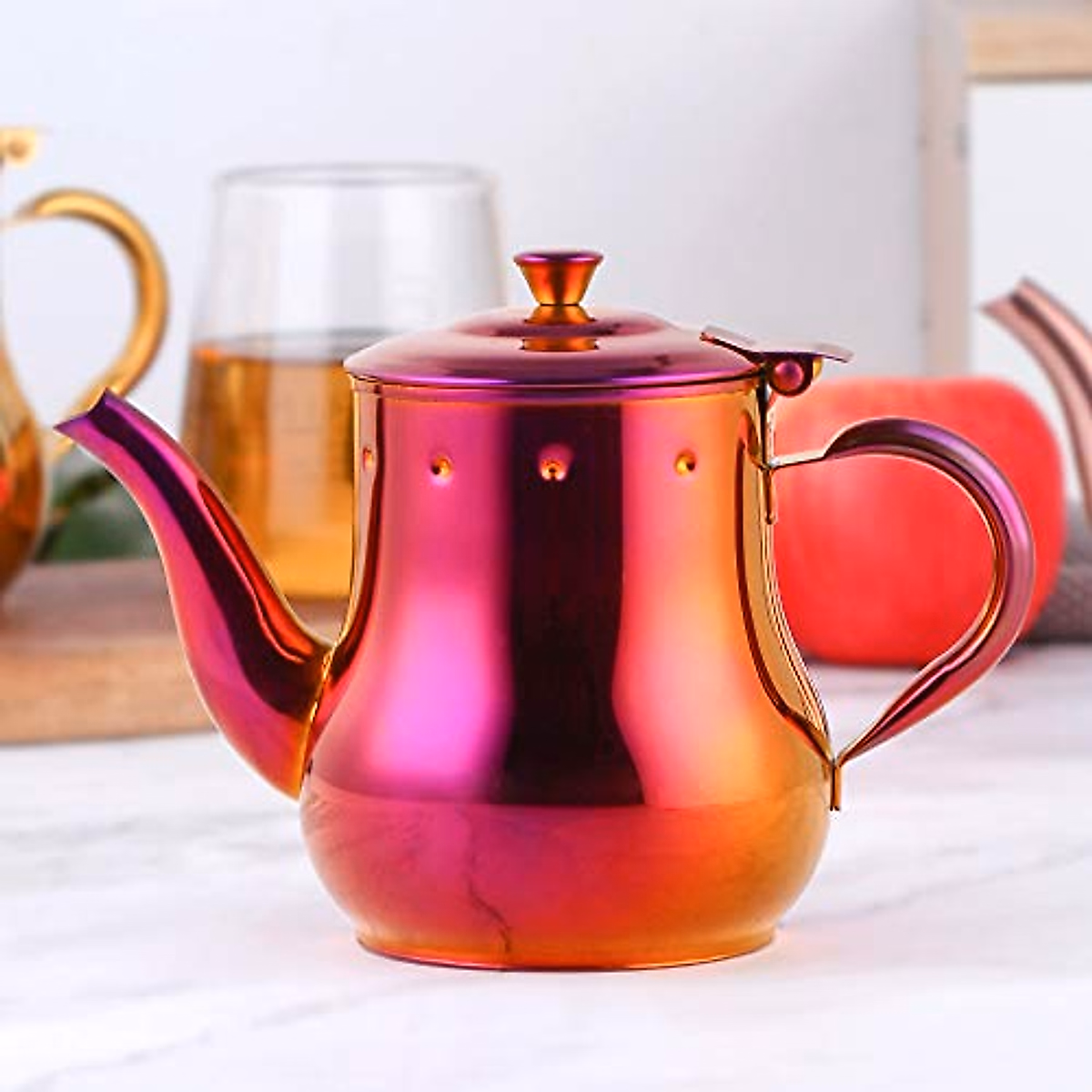Buyer Star Stainless Steel Tea Pot with Removable Infuser, 17 Oz Pour Over Coffee Kettle for Coffee Shop, Western Restaurant, Bar and Home, Sunset Red