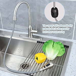 Homikit Kitchen Sink Faucet Brushed Nickel with Pull Down Sprayer, 304 Stainless Steel Kitchen Faucets with Deck Plate for 1 or 3 Hole, High Arc Commercial Faucet for Farmhouse Laundry Utility Rv Bar