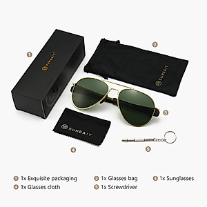 SUNGAIT Aviator Sunglasses for Men Polarized Military Style 100% UV400 Protection Pilot Bayonet Temples (Gold Frame/Green Lens, 58) SGT288JML