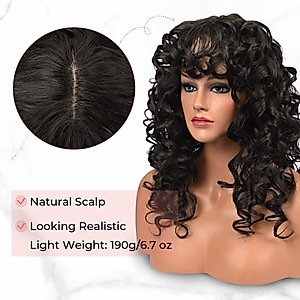 LONAI Curly Wig with Bangs for Black Women Long Black Kinky Wigs with Wispy Bangs WIG006 Curly Gorgeous Fringe Synthetic Wig for Daily Use Party Cosplay-Black